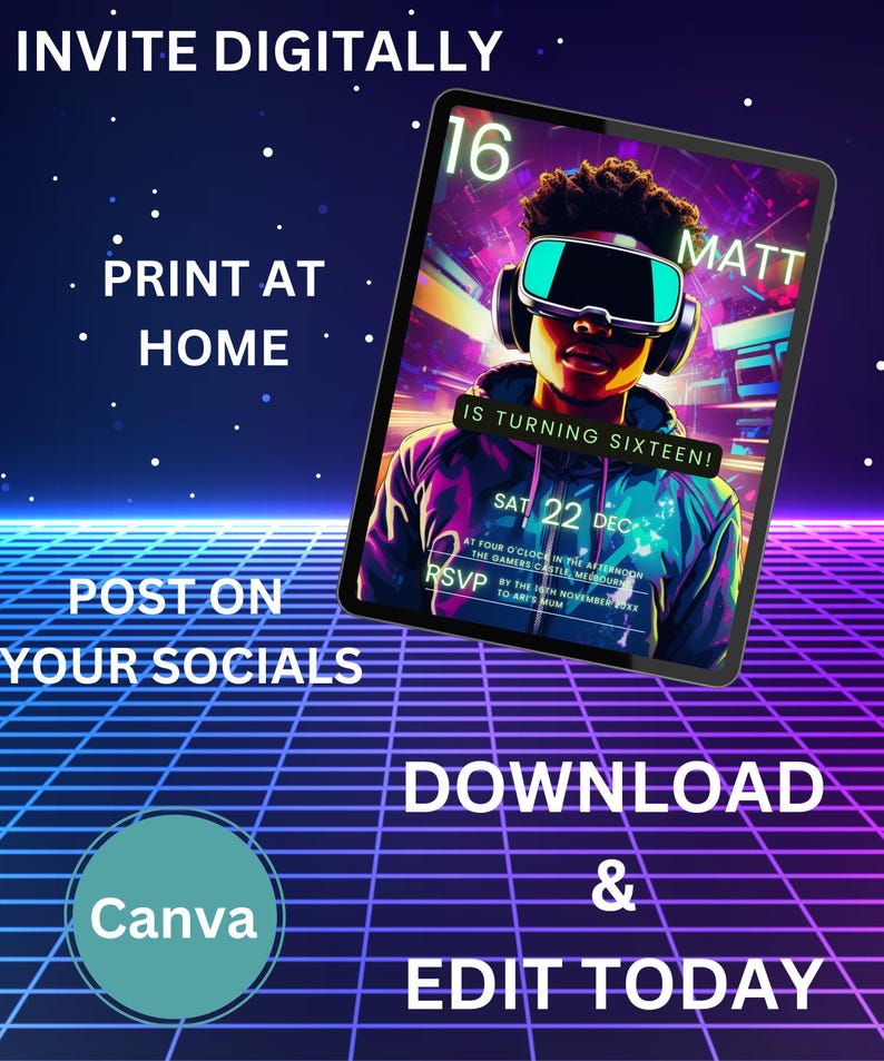 Video Game Invite Instant Download Vr Invitations Virtual Reality Game ...