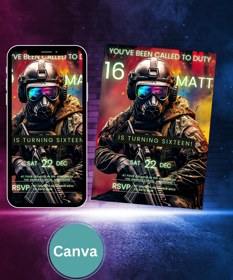 Camo Military Theme, Instant Download, Airsoft Party Invite, Editable ...