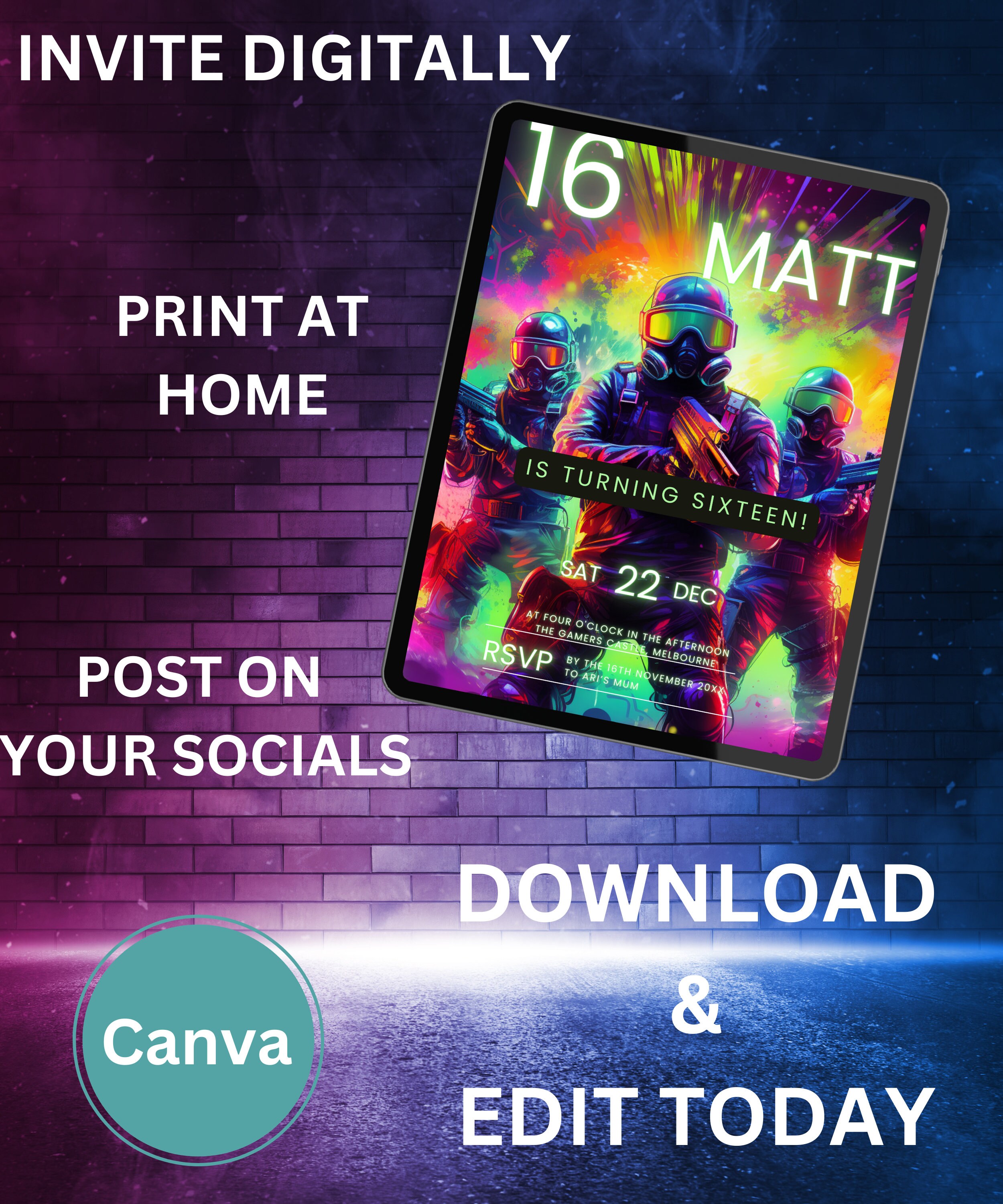 Airsoft Party Invite Airsoft Birthday Theme Party Teen Birthday Invite ...