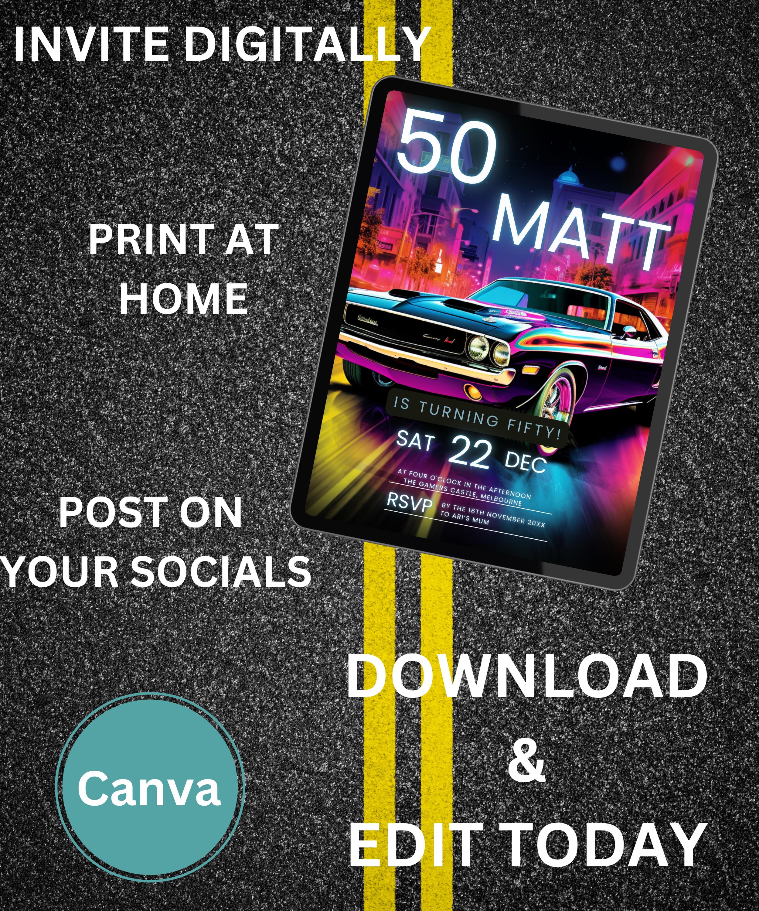 Classic Muscle Car Birthday Invitation - Vintage Car Party Invite ...