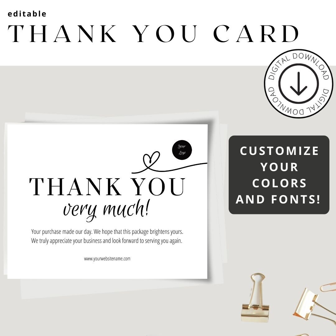 Printable Thank You Cards, Business Template, Thank You for Your ...
