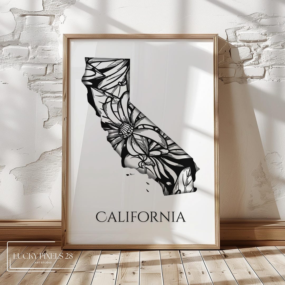 California Map Art Print, Hand Drawn Floral Design (digital Download ...
