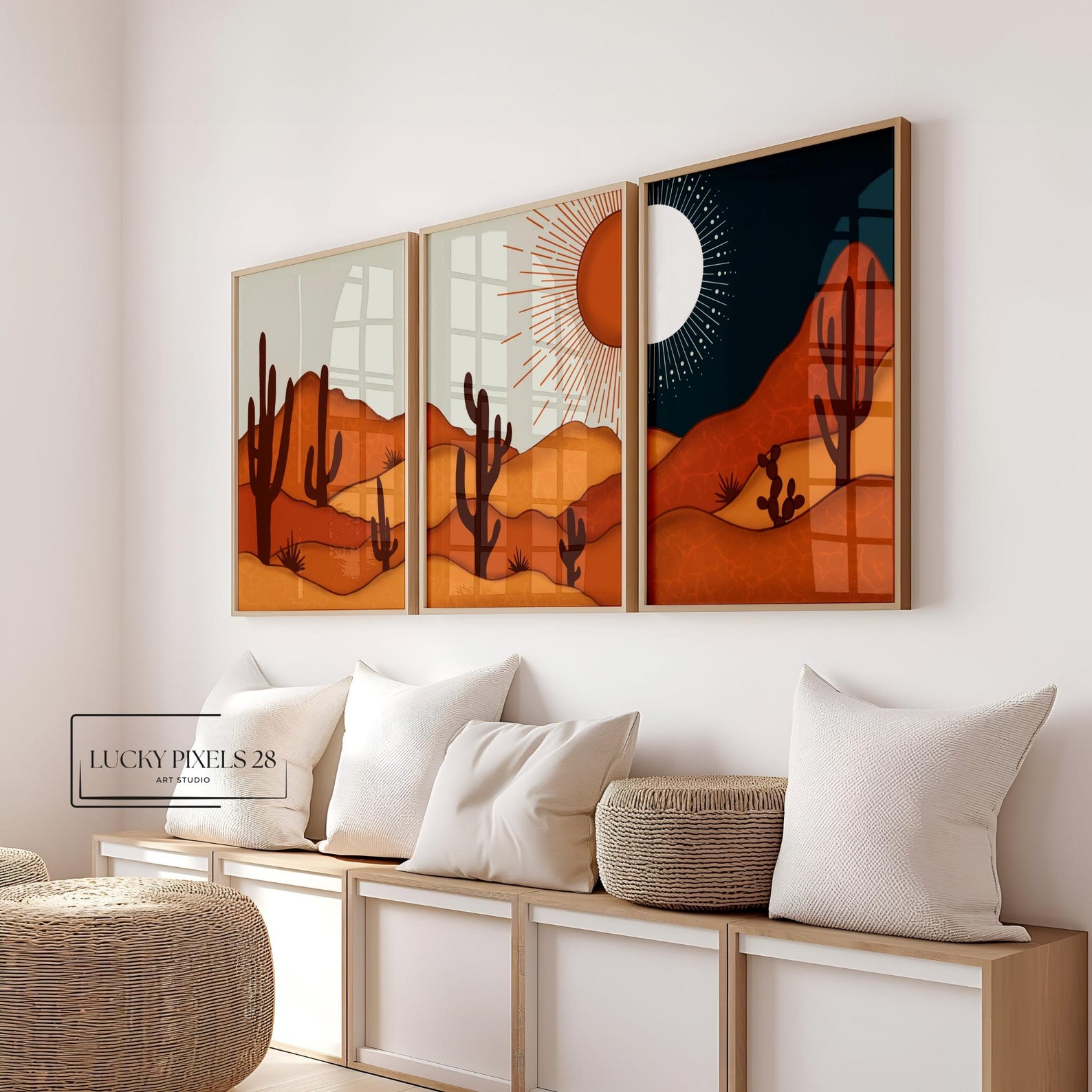 Boho Desert Landscape Print Set: Sun, Moon, Cactus Wall Art (digital ...
