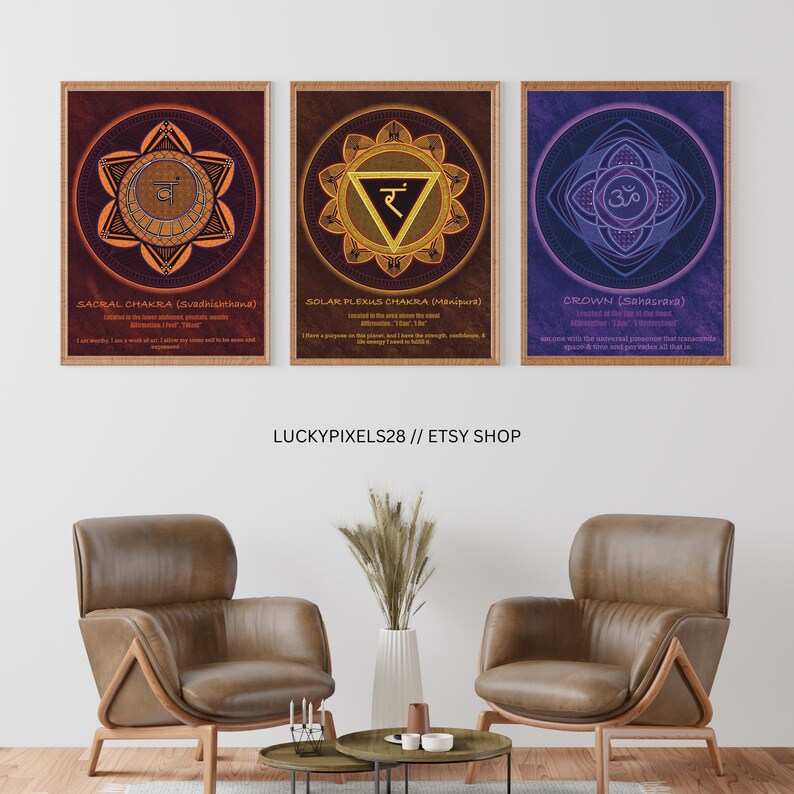 Chakras Set of 3 Prints, Sacral, Solar Plexus, & Crown, Printable Chakras, Gallery Wall Set ...