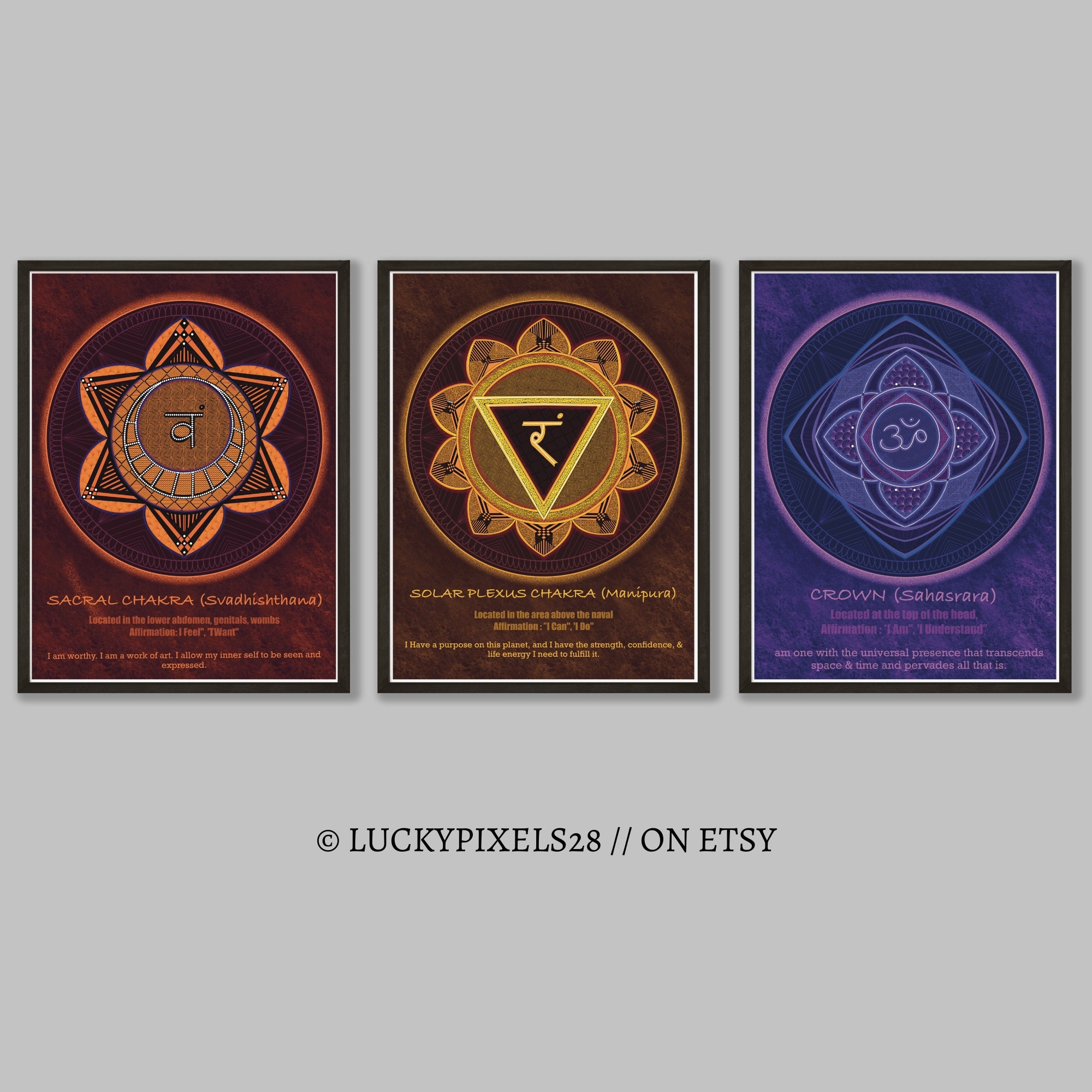 Chakras Set of 3 Prints, Sacral, Solar Plexus, & Crown, Printable ...