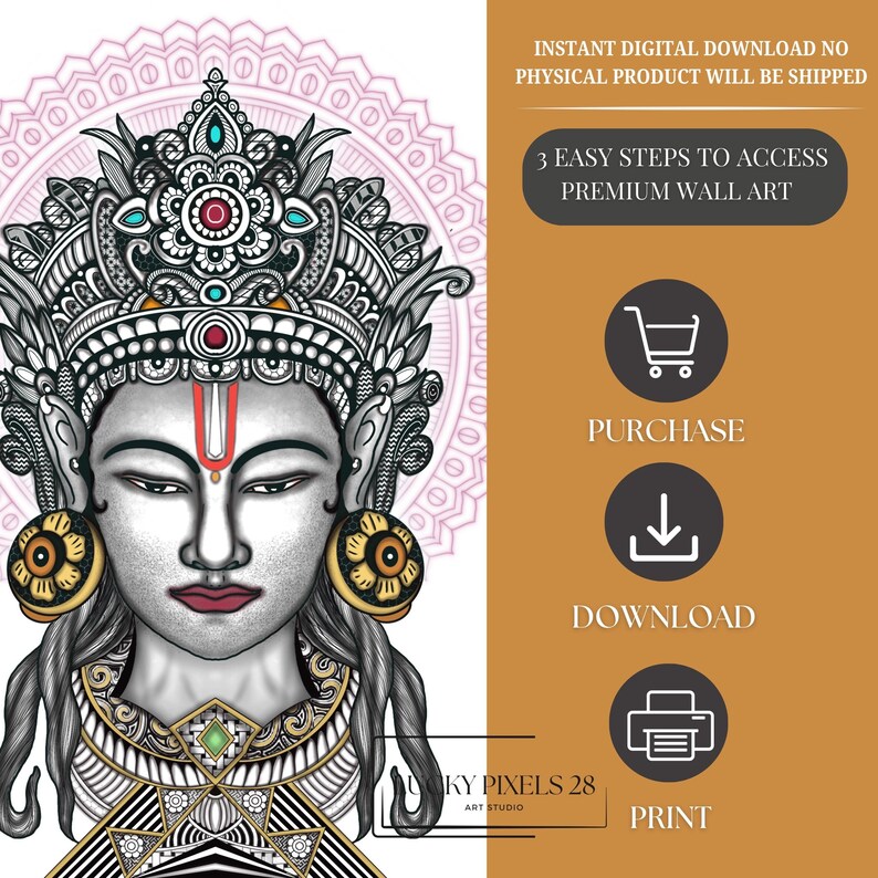 Vasu Dev Krishna, Zentangle Black & White Hand Drawn Digital Wall Art Decor, Trendy Wall Art ...