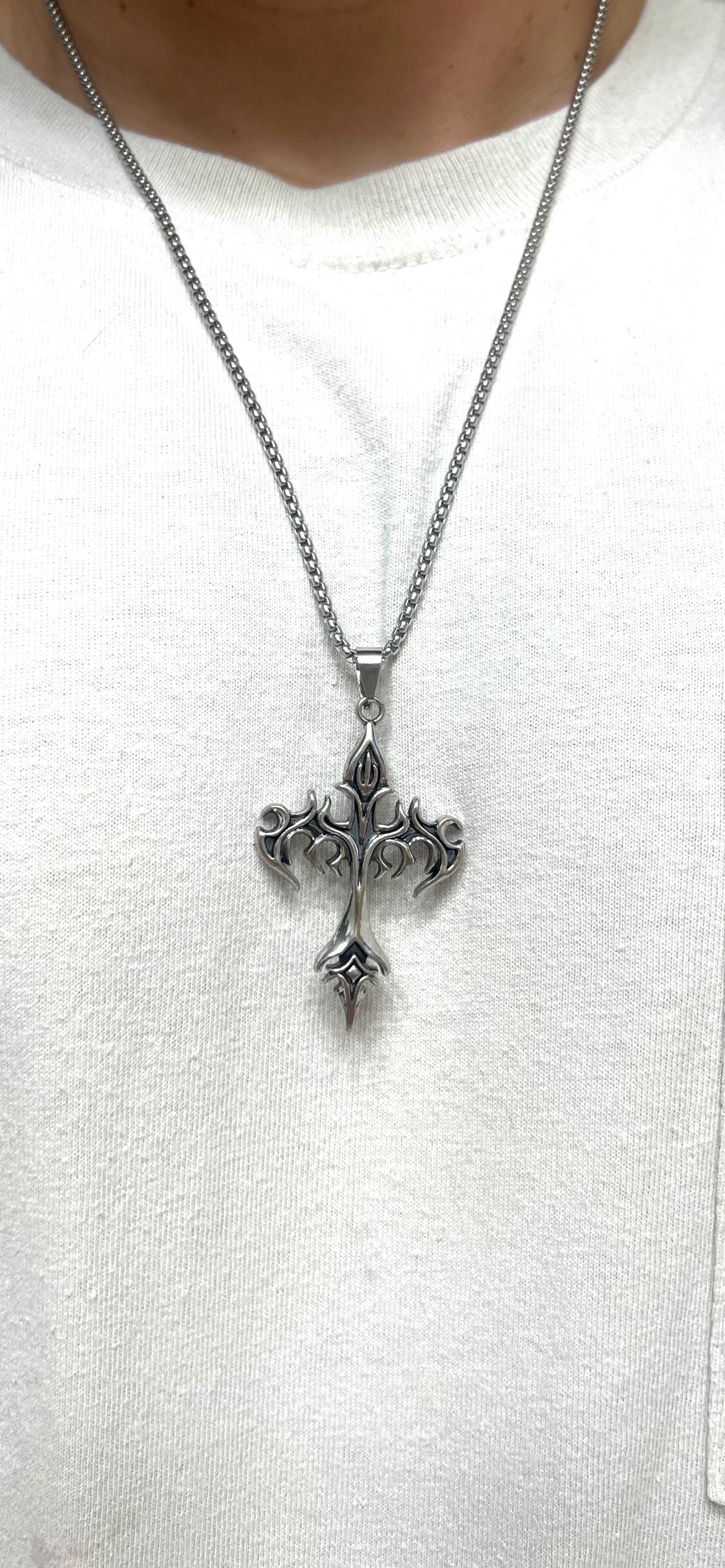 Y2K Gothic Flame Cross Necklace - Retro Biker Cross Pendant Necklance ...