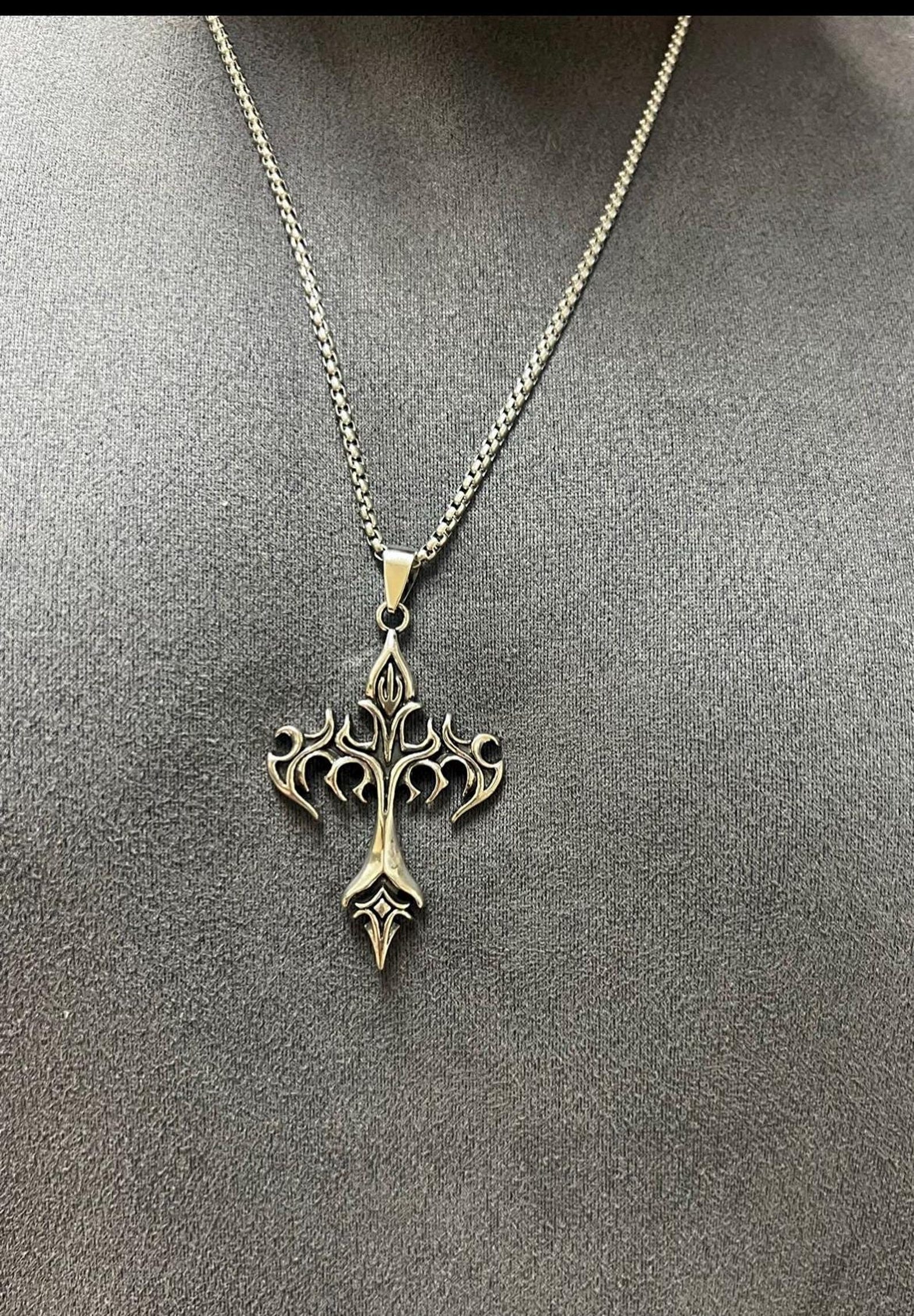 Y2K Gothic Flame Cross Necklace - Retro Biker Cross Pendant Necklance ...