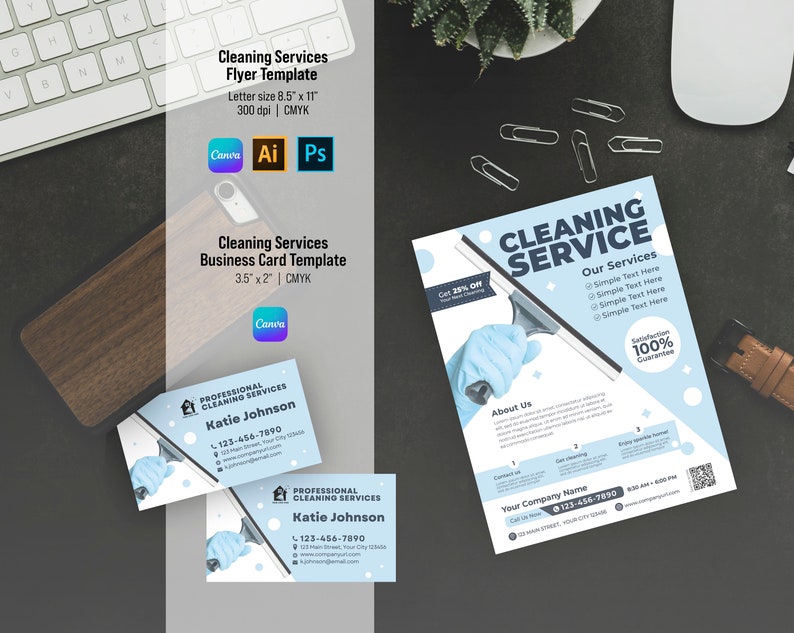 Cleaning Service Flyer Business Card Template Editable Printable Adobe ...