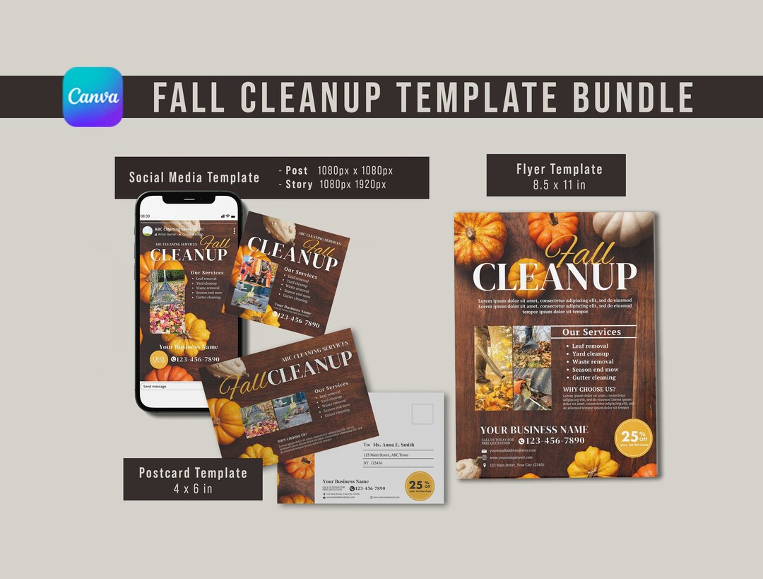 Fall Cleanup Bundle Flyer 8.5x11" + Postcard (4x6") + Social Media ...