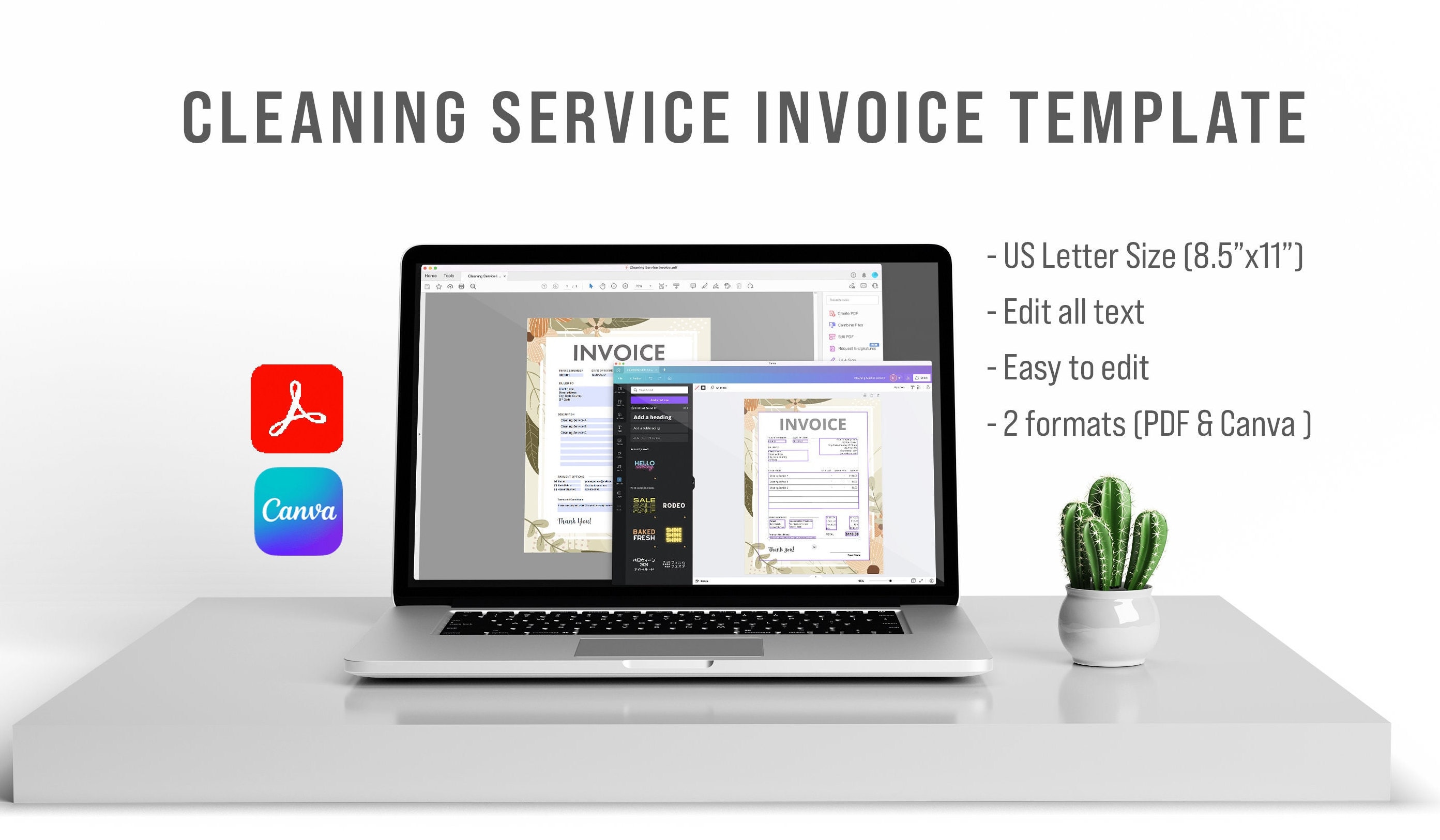 Cleaning Services Invoice Template | Fillable PDF & Canva | US Letter ...