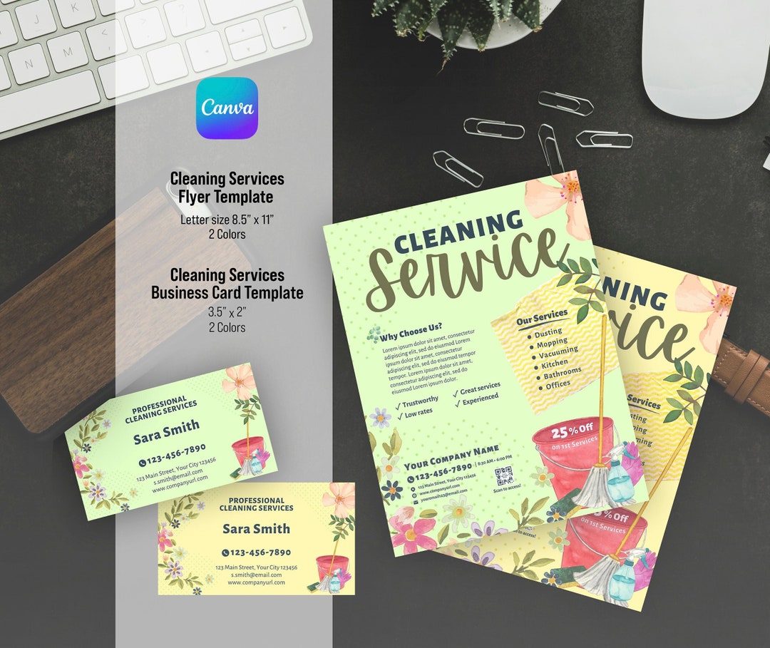 Cleaning Service Flyer + Business Card Template | 2 Colors | Watercolor ...