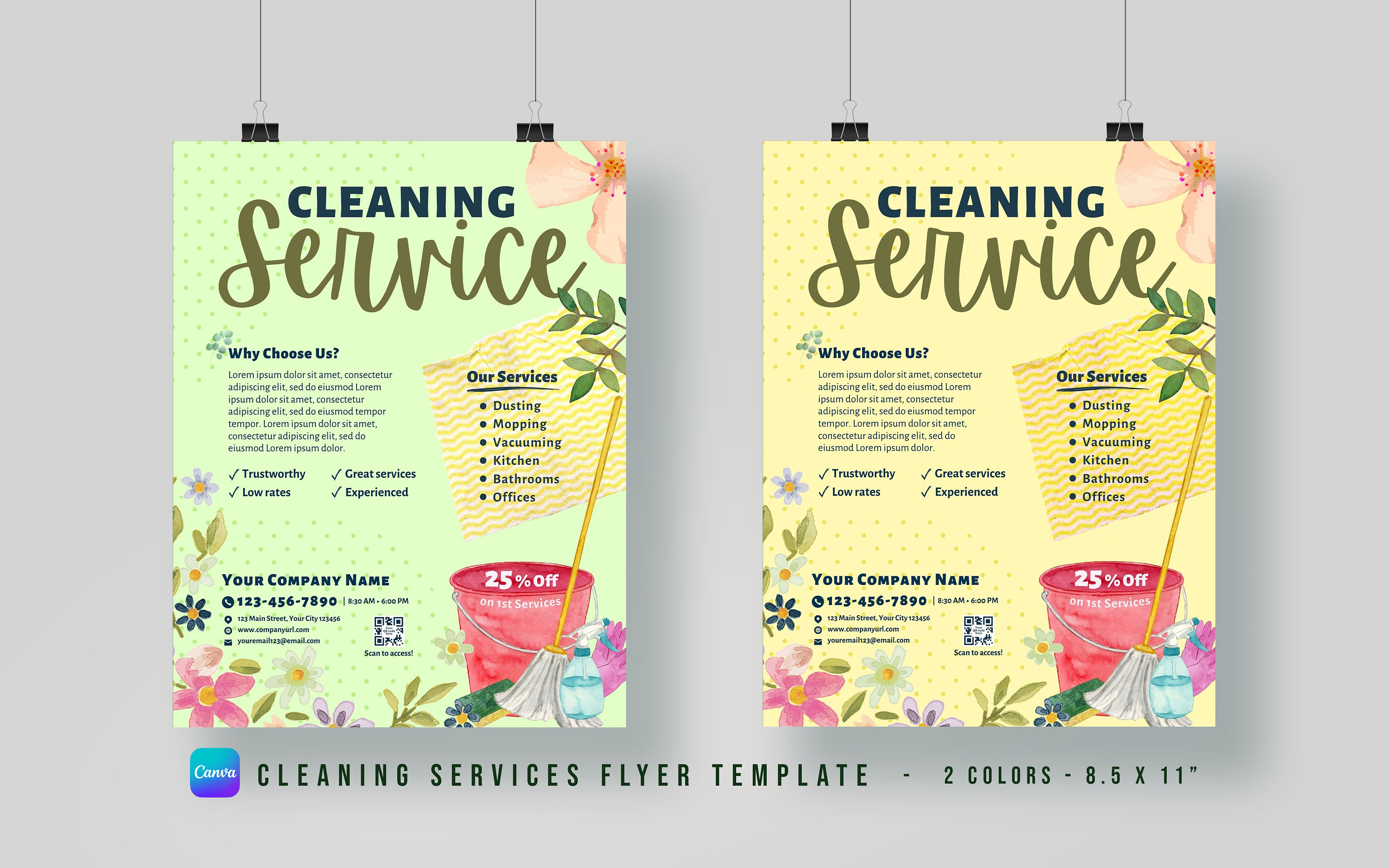 Cleaning Service Flyer Business Card Template 2 Colors Watercolor ...