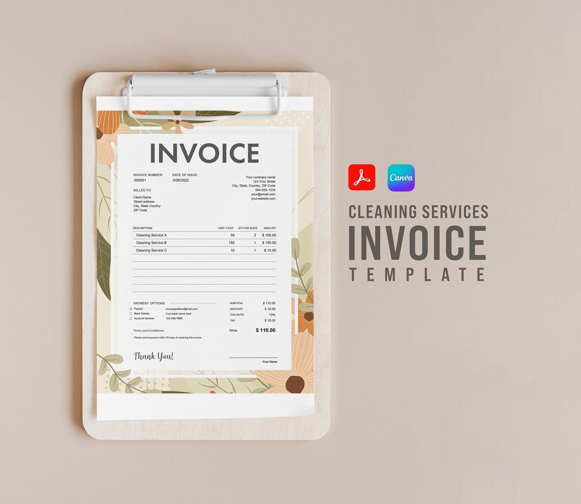 Cleaning Services Invoice Template Fillable PDF & Canva US - Etsy