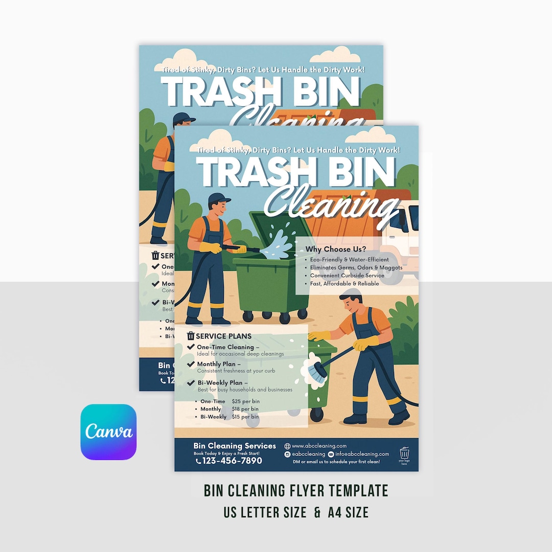 Trash Bin Cleaning Flyer Template | Editable Canva Design for Trash Can ...