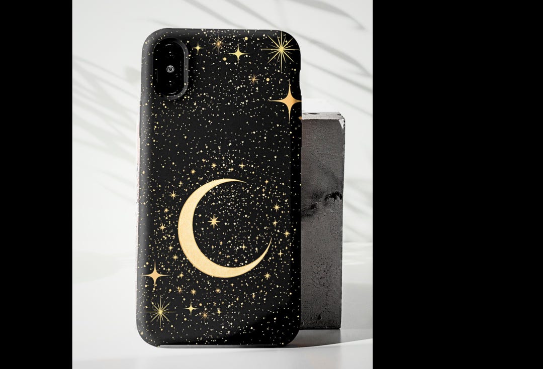 Crescent Moon Black Sky and Star Phone Case for iPhone 17 16 15 14 13 ...