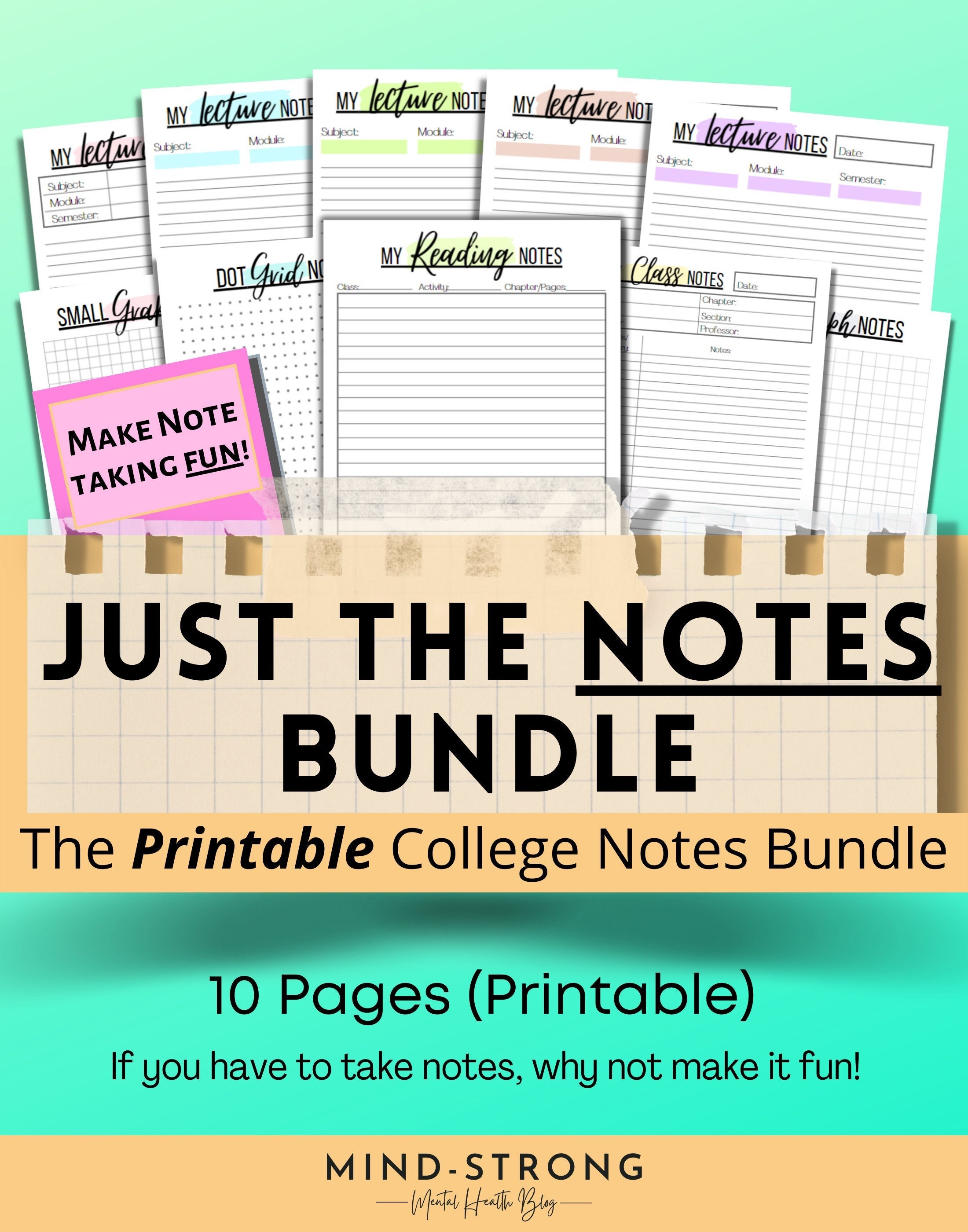 Just the Notes Bundle, Printable Lecture Notes, College Student Lined ...