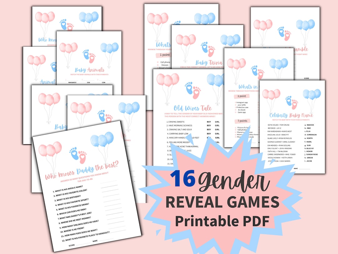 Blue or Pink Gender Reveal Game Bundle Printable, Baby Shower Party ...