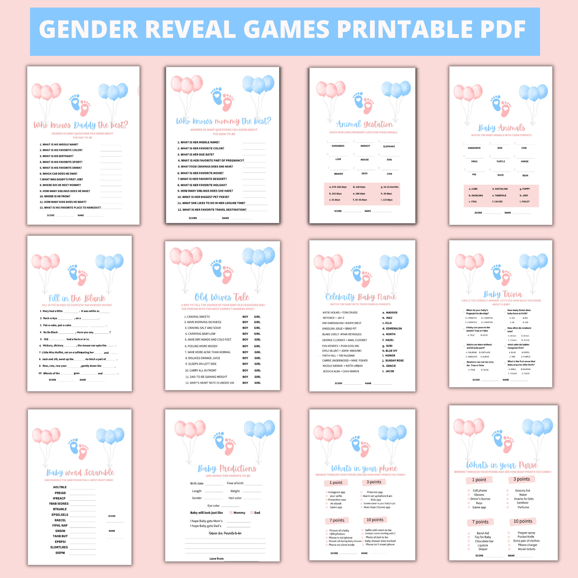 Blue or Pink Gender Reveal Game Bundle Printable, Baby Shower Party ...