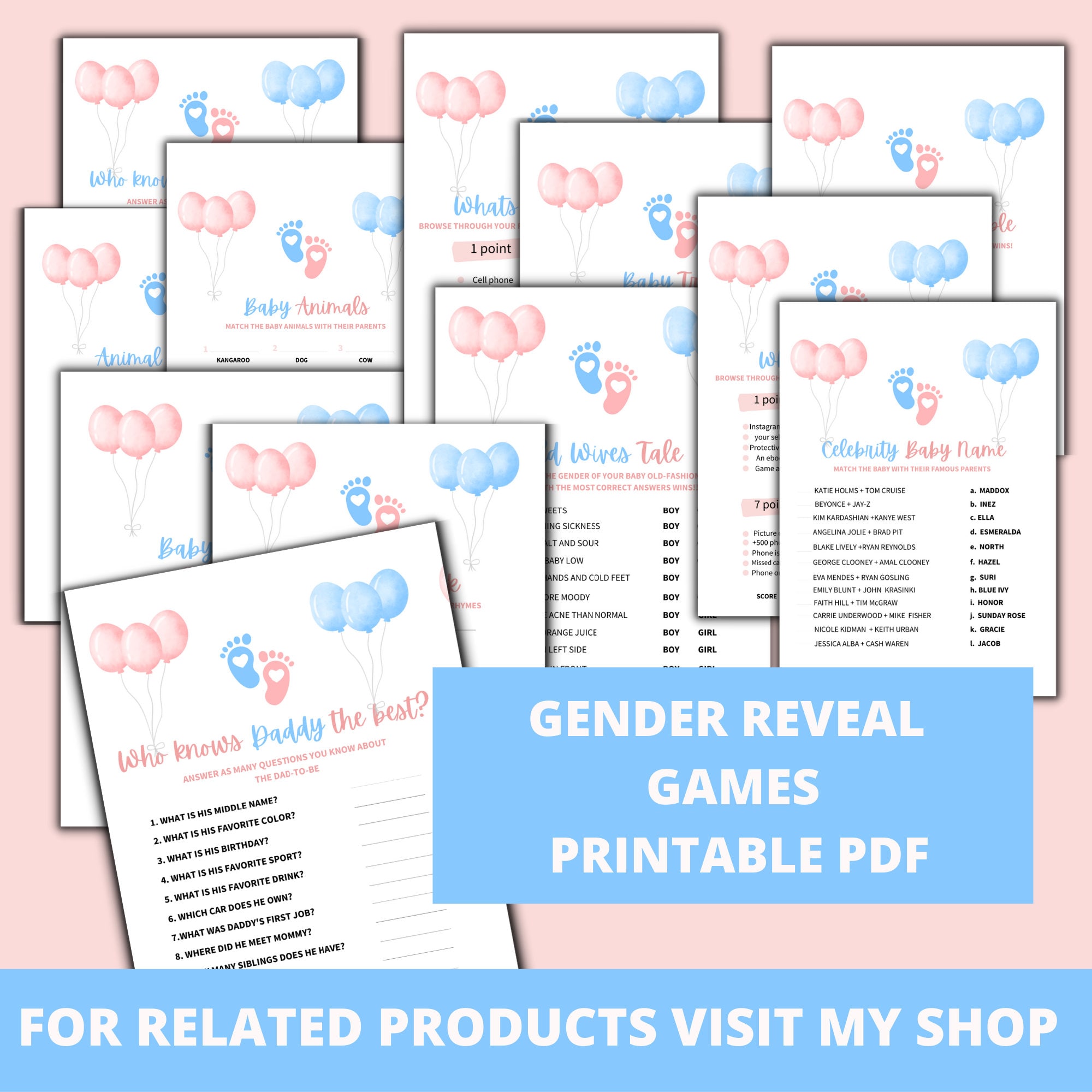 Blue or Pink Gender Reveal Game Bundle Printable, Baby Shower Party ...