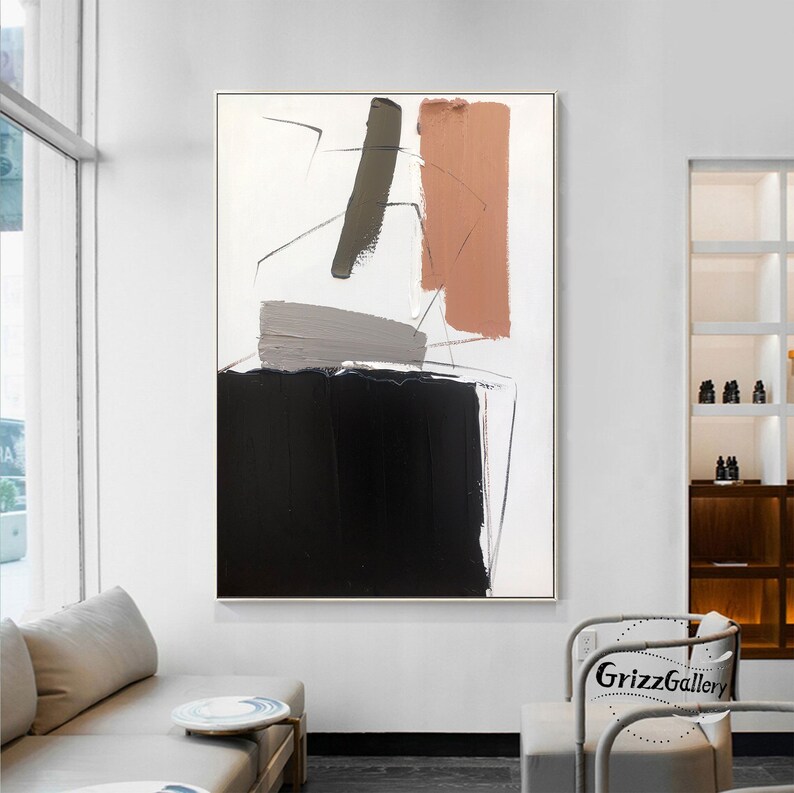 Large Black and White Abstract Painting Light Brown Abstract Art Black ...