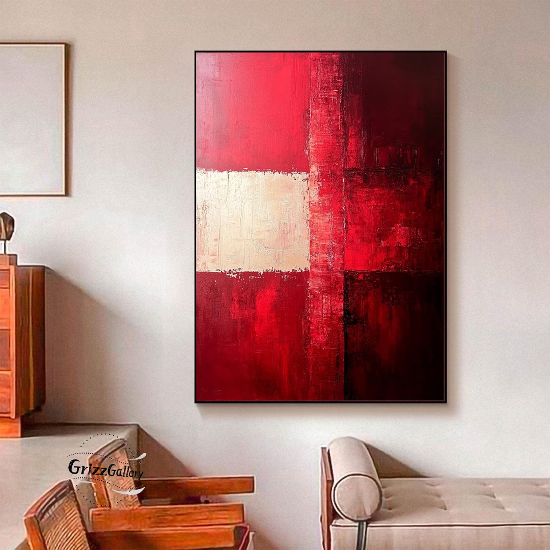 Large Red Abstract Painting Red Canvas Wall Art Red Beige Minimalist ...
