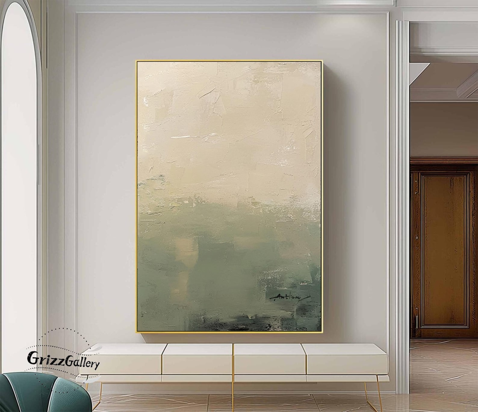 Green and Beige Abstract Painting Large Green Minimalist Abstract ...