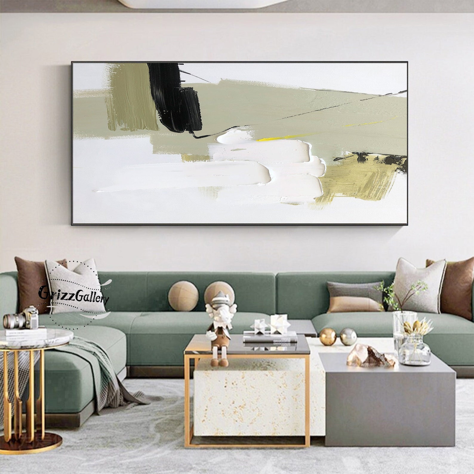 Minimalist Abstract Wall Art Green White Abstract Painting Light Green ...