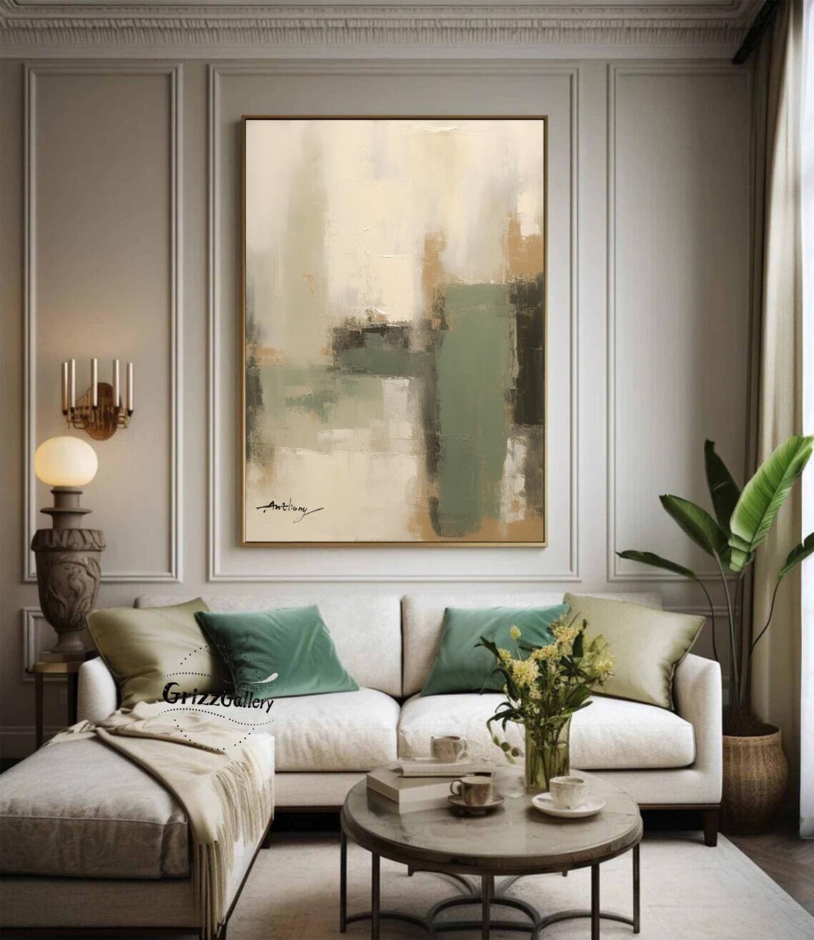 Large Green Beige Texture Painting Beige Green Minimalist Wall Art ...
