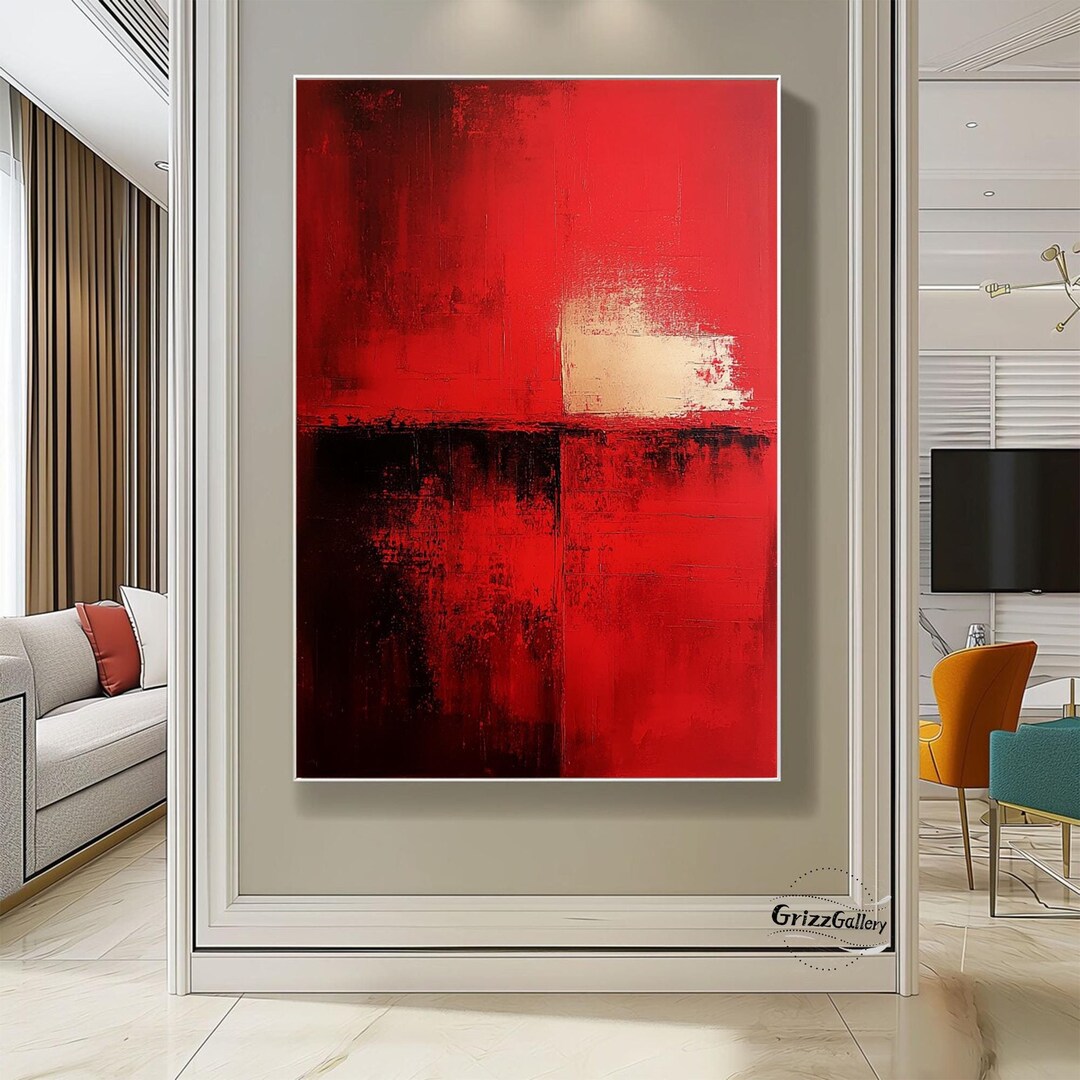 Large Red Abstract Painting on Canvas Black Textured Wall Art Red ...