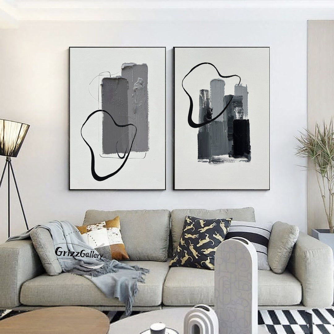 Set of 2 Minimalistic Texture Painting Large Gray Abstract Painting ...