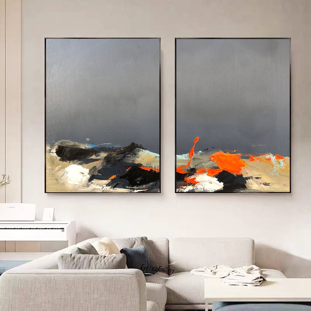 Large Gray Canvas Abstract Paintings Set of 2 Minimalist Textured ...
