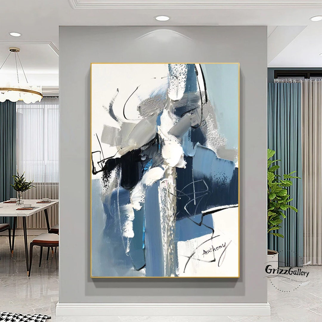Blue and Gray Abstract Textured Painting Large White 3D Textured ...