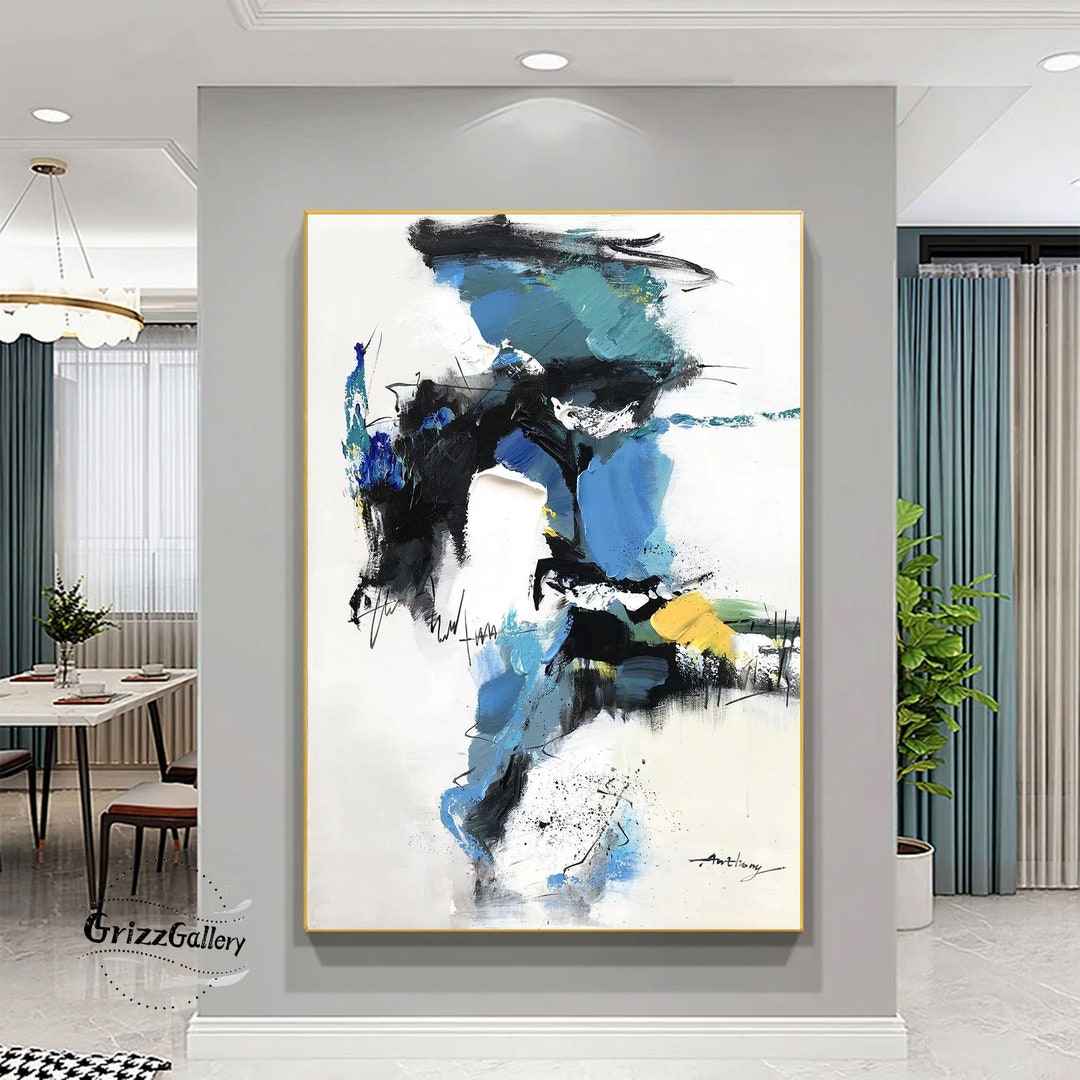 Large Abstract White Canvas Painting Blue Textured Abstract Painting ...