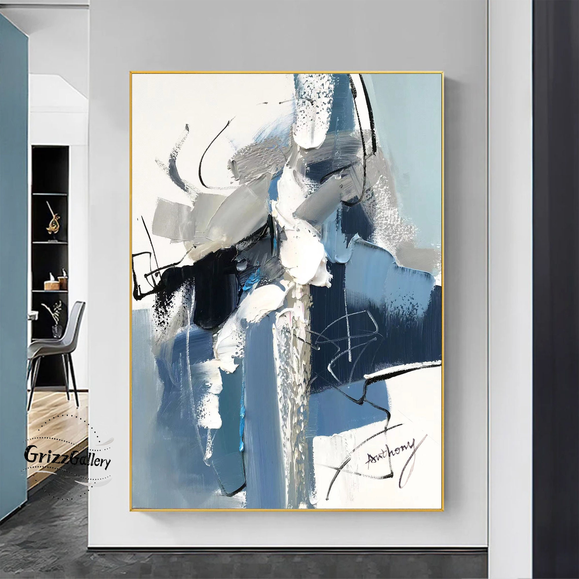 Blue and Gray Abstract Textured Painting Large White 3D Textured ...