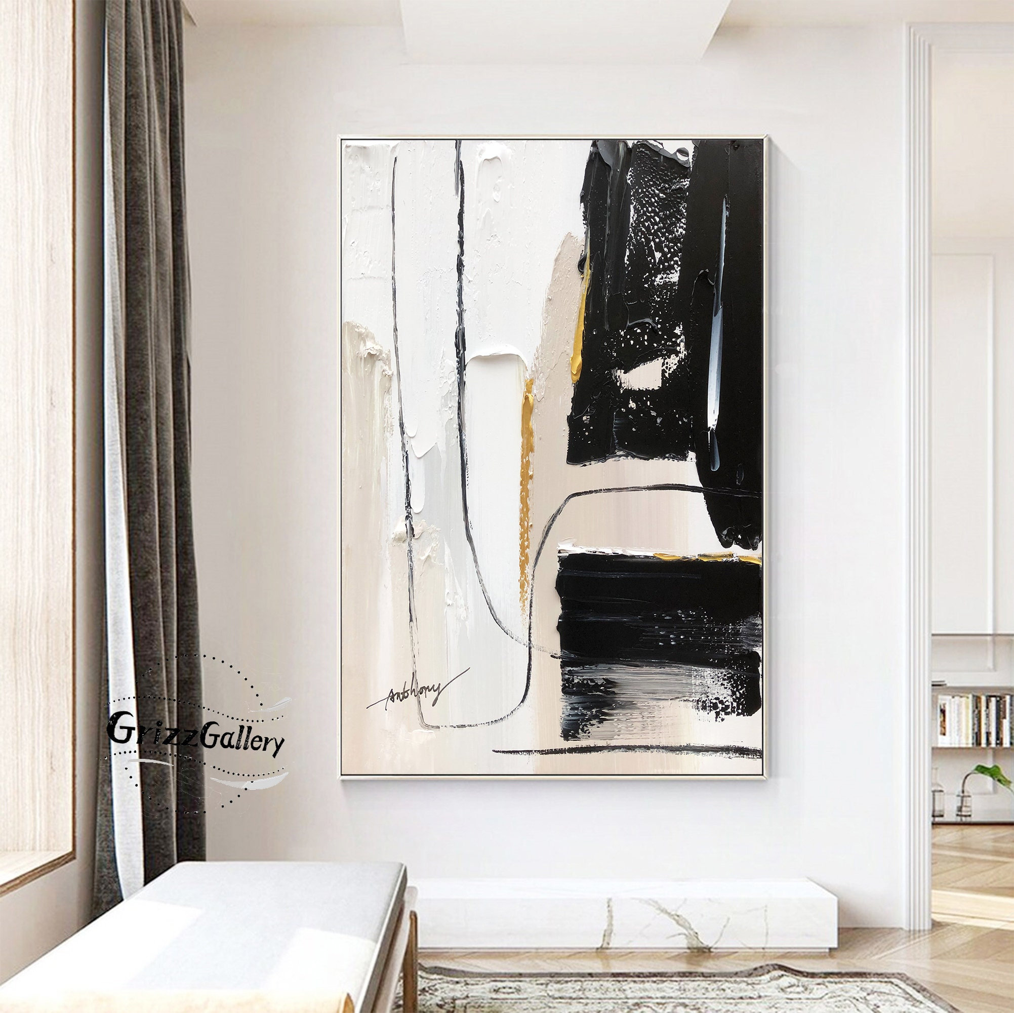 Beige and Black Abstract Painting on Canvas Large Textured Wall Art Black Textured Wall Art Gold ...