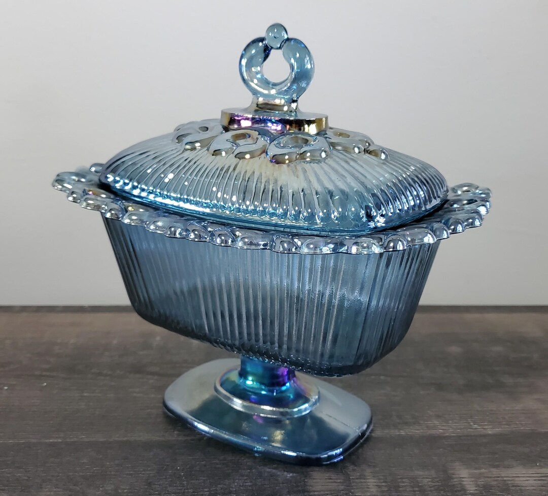 Indiana Glass Crystal Glass Oblong Candy Box and Cover Candy Dish Blue ...
