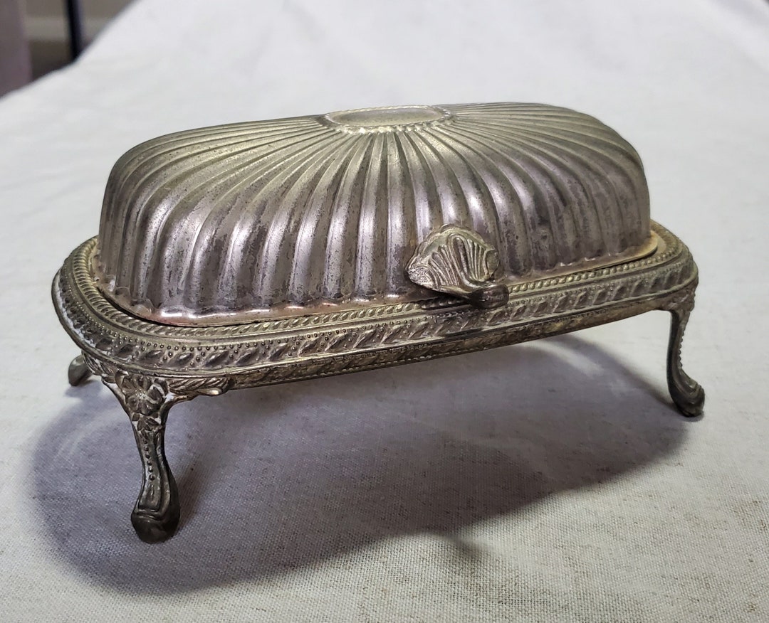 Vintage Footed Silver Plate Butter Dish With Roll Top and Glass Plate ...