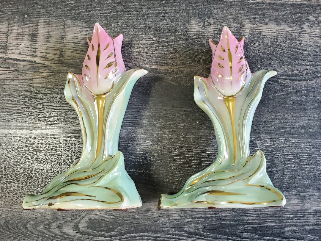 2 Vintage Kass Pottery Pink Tulip Bud Vases, Gold Trim - Etsy