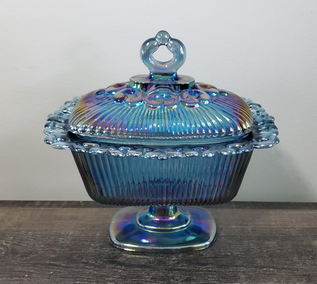 Indiana Glass Crystal Glass Oblong Candy Box and Cover Candy Dish Blue ...