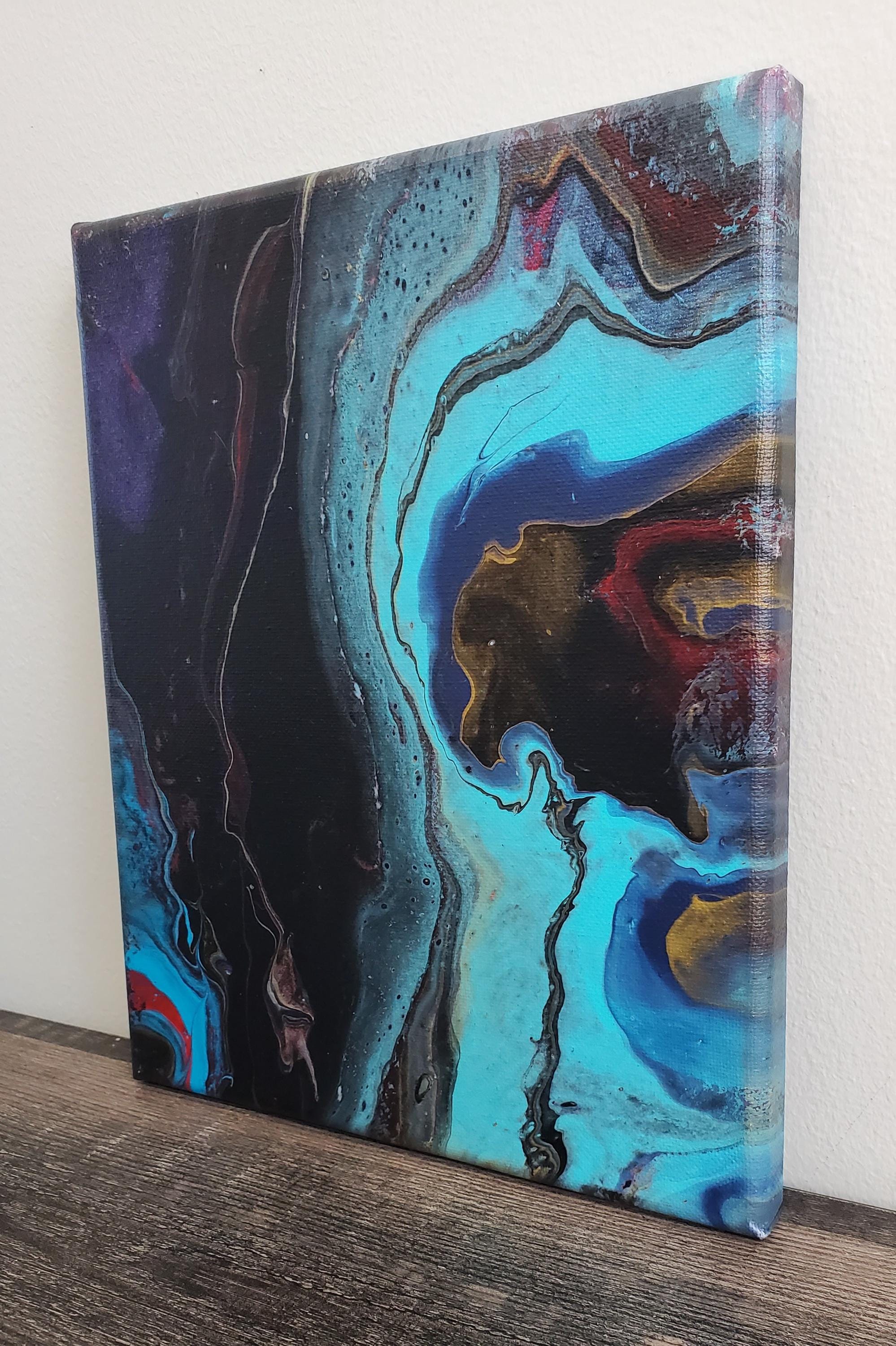Acrylic Poured Painting on Canvas 10"x8" Blue, Gold, Black, Red - Etsy