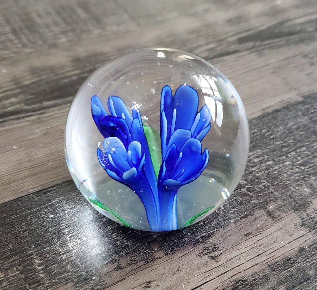 Vintage Blue Flower Glass Paperweight - Etsy