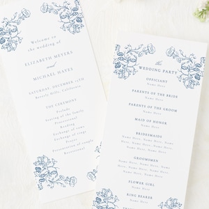 Editable DAYDREAM Wedding Program Event Wedding Day Timeline Template Blue Chinoiserie Floral ...