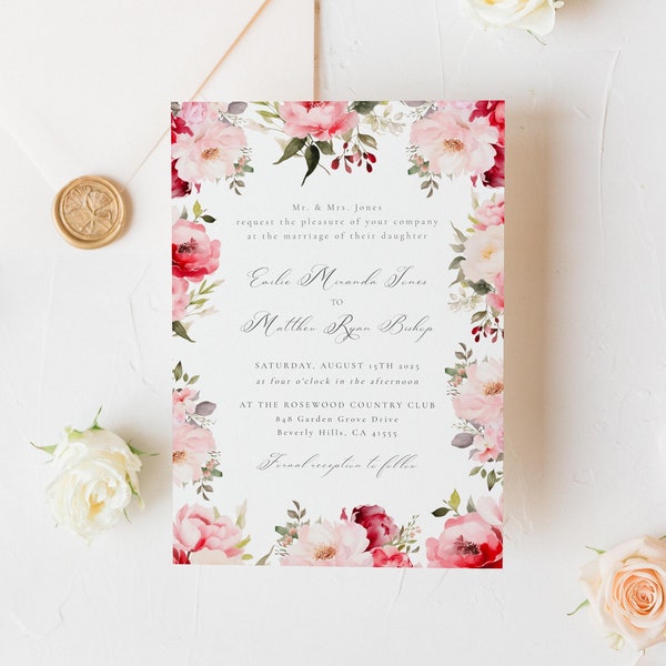 Red Floral Wedding Invitation - Etsy