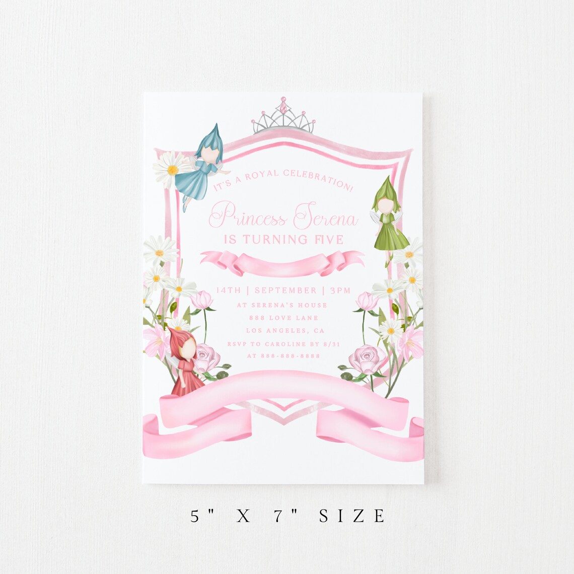 Editable Pink Princess Crest Royal Fairy Invitation Template 5x7 ...