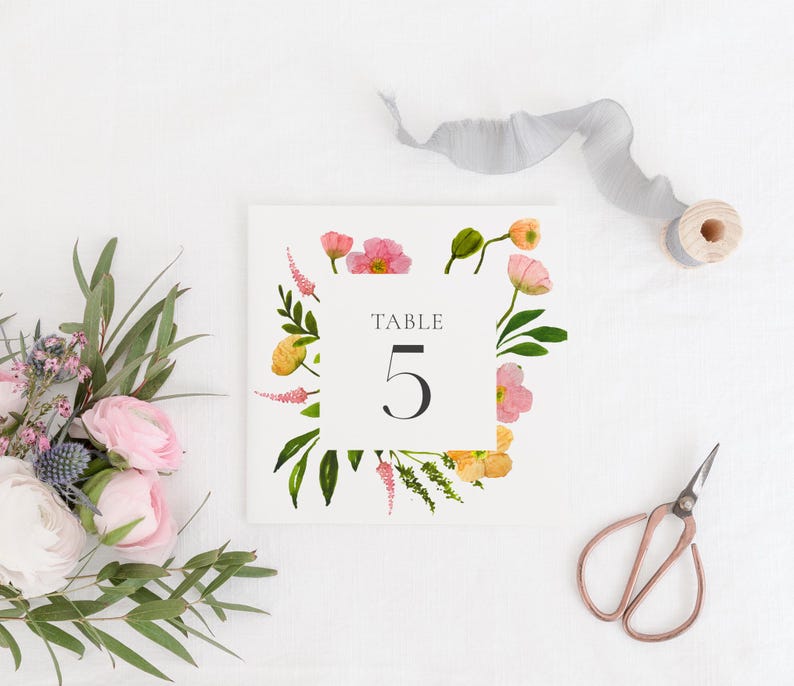 Editable Spring Pastel Watercolor Floral Frame Flowers Table Numbers 5 ...