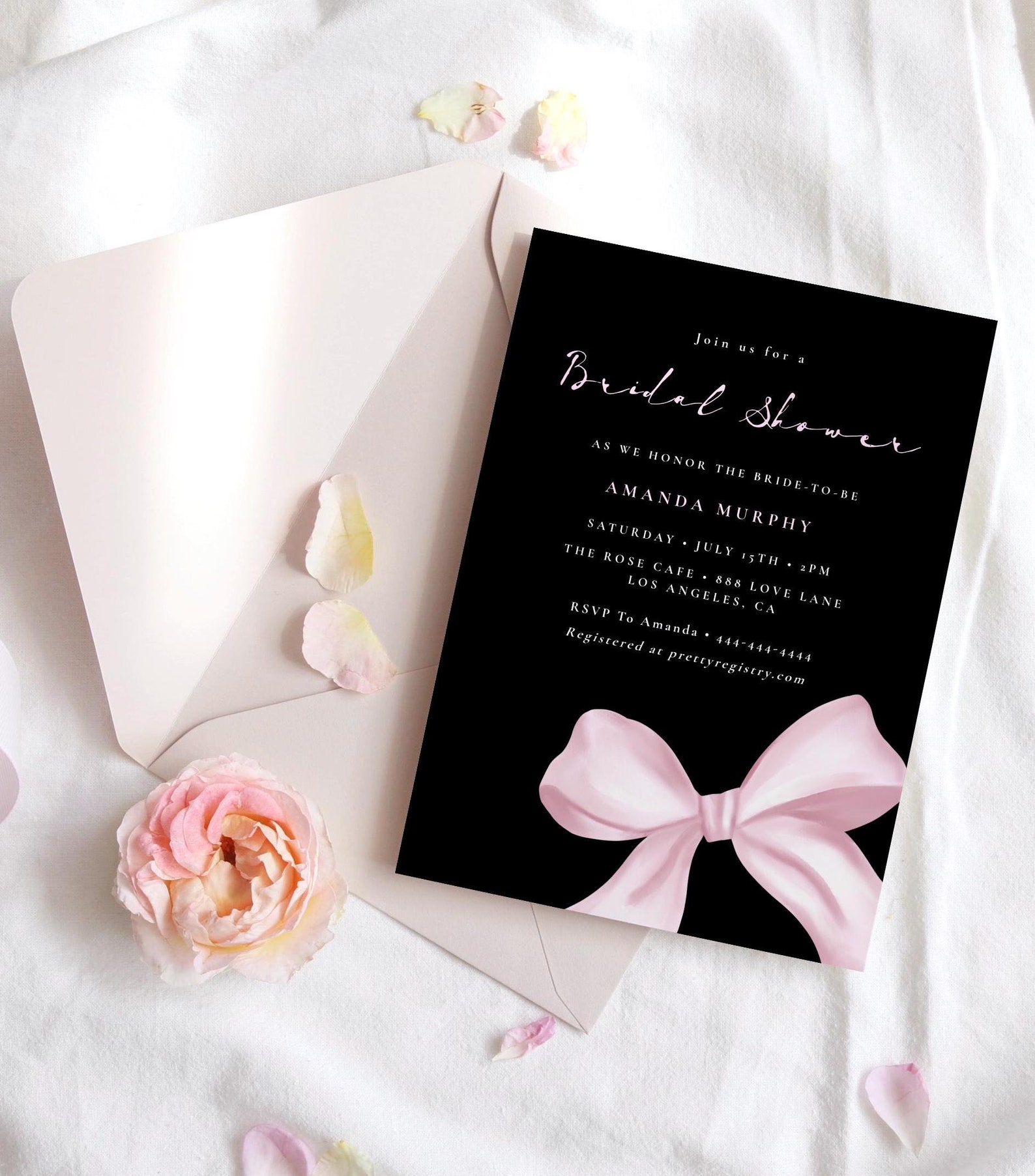 Editable Pink & Black Bow Bridal Shower Invitation Template | Cursive ...