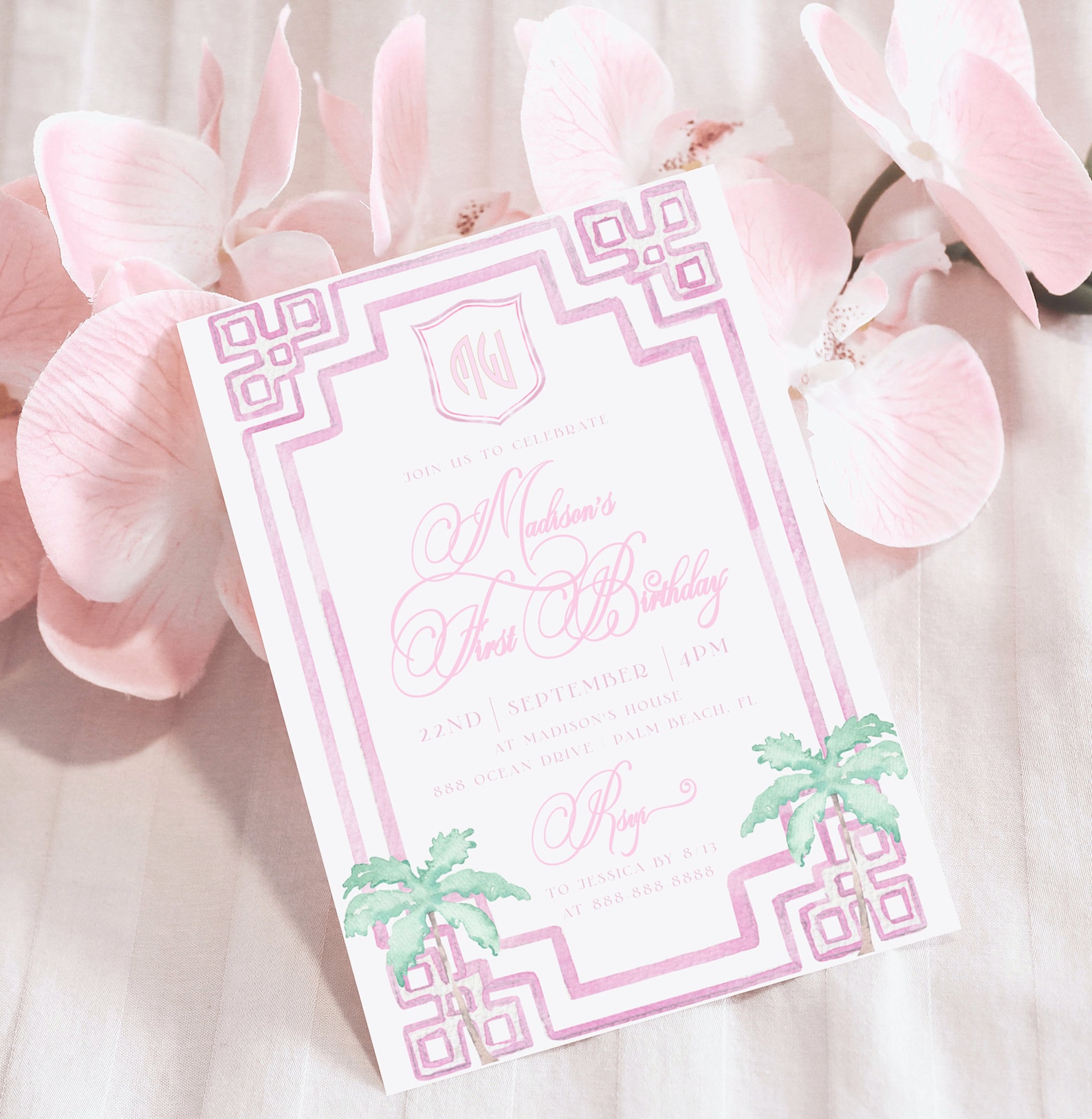 Editable Pink Palm Beach Turning One Baby Girl Birthday Invite Template ...