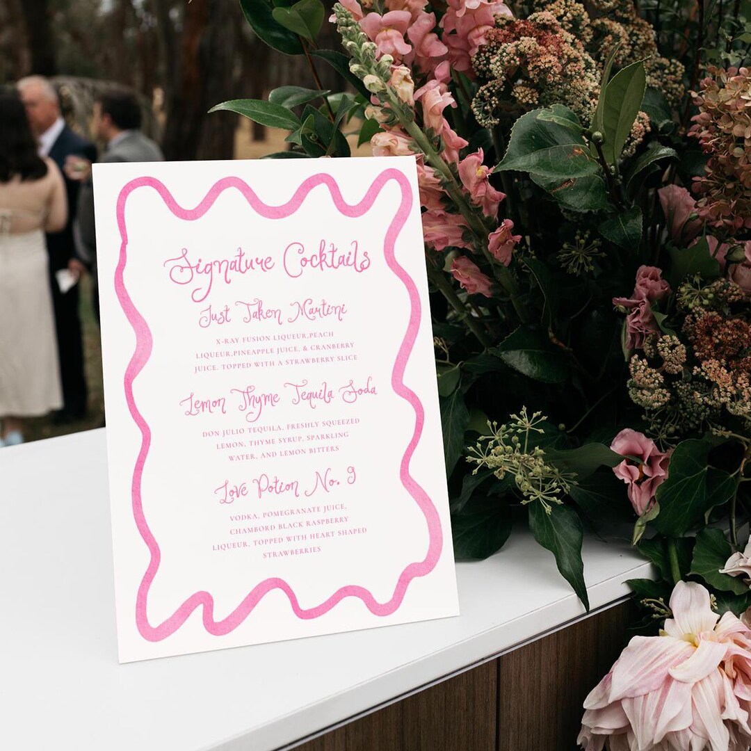Editable Signature Drinks Bar Sign Pink Wavy Squiggle 5x7, 8x10 ...