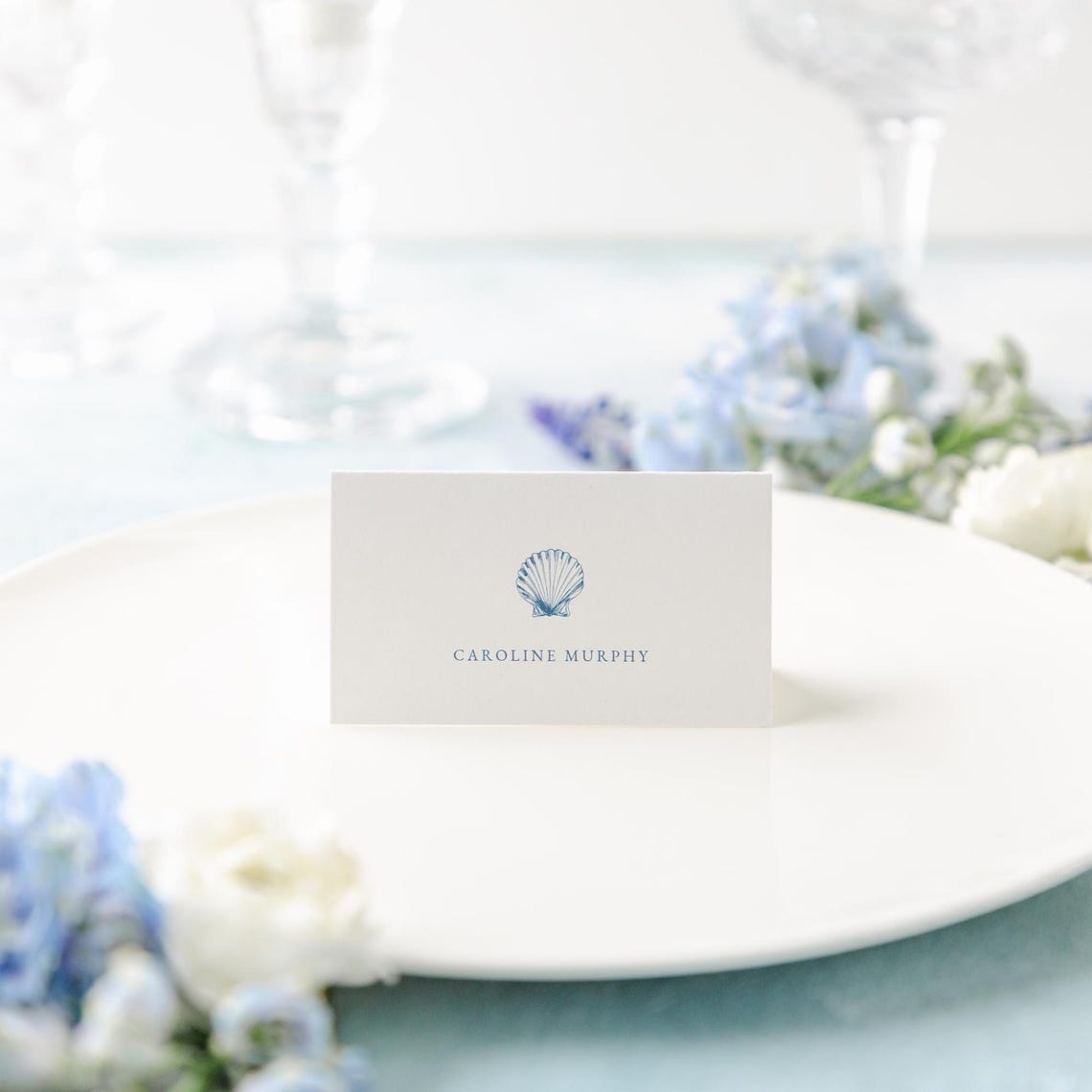 Editable AZURE Blue Seashell Wedding Place Name Cards 3.5x2 | Ocean Sea ...